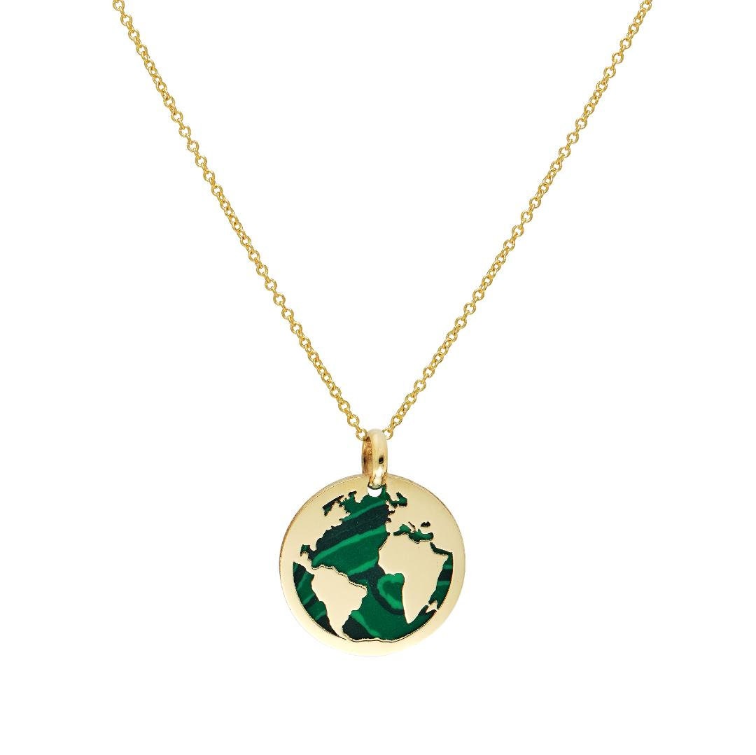 14K Yellow Gold Malachite World Map Necklace, Green Malachite Earth ...