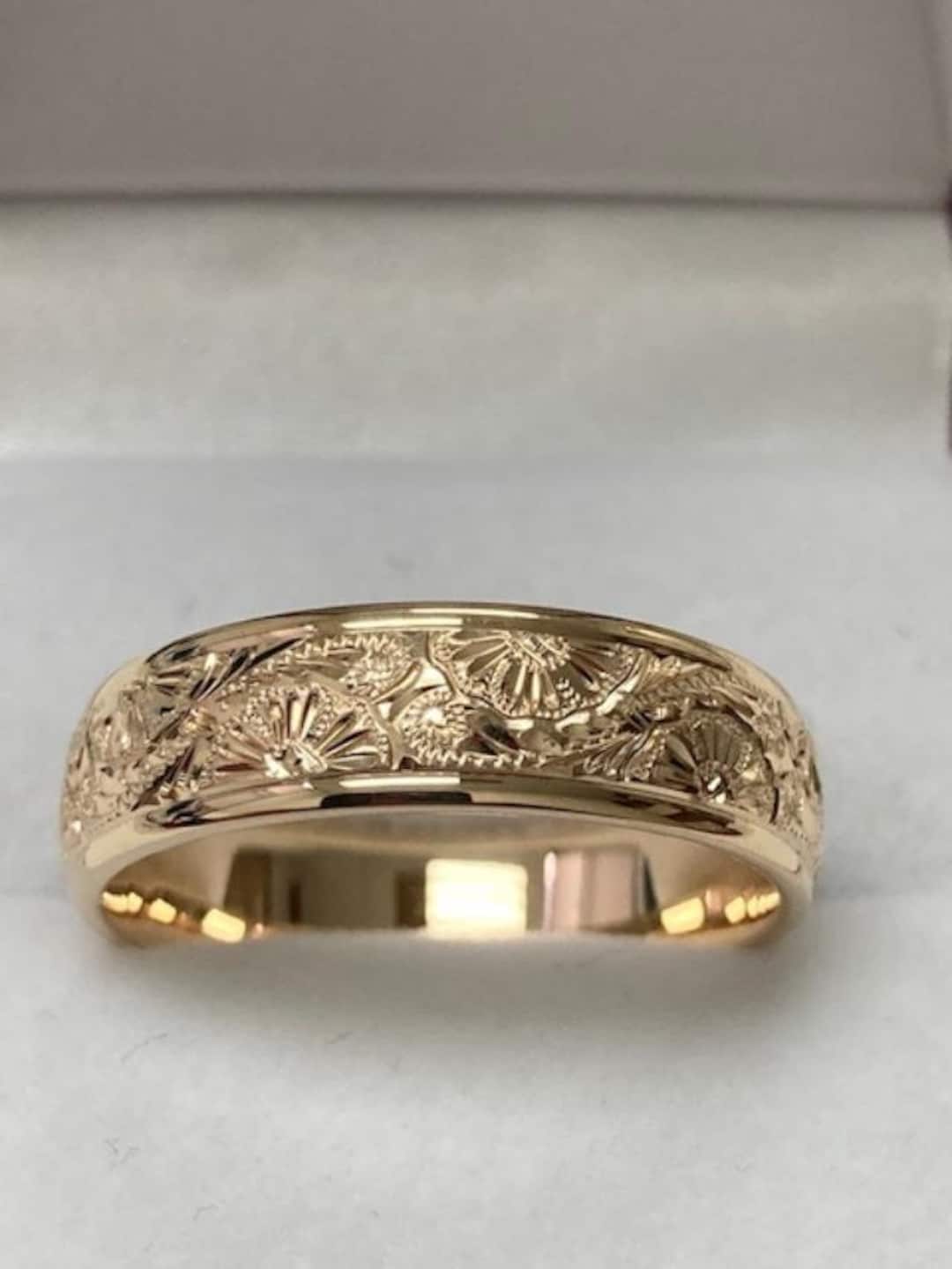 6mm 10K 14K 18K Solid Yellow Gold Hand Engraved Mens Wedding Bands ...