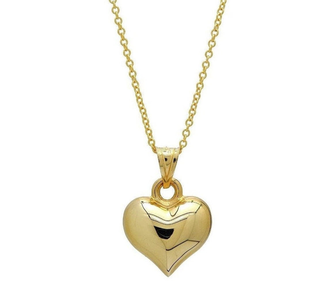 14K Yellow Gold Puffed Heart Necklace, Dainty Heart Necklace, Shiny ...