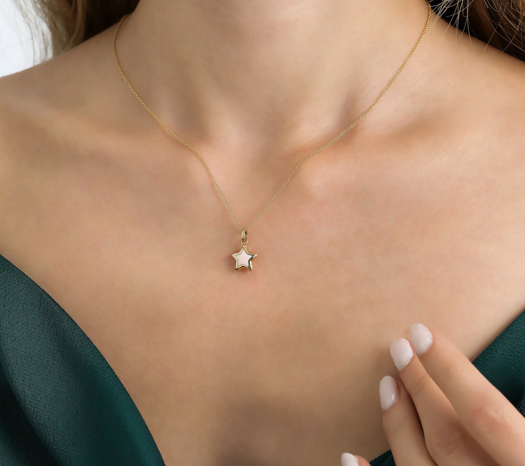 14K Yellow Gold Puffed Star Necklace, Pink Star Necklace, Puffed Star ...