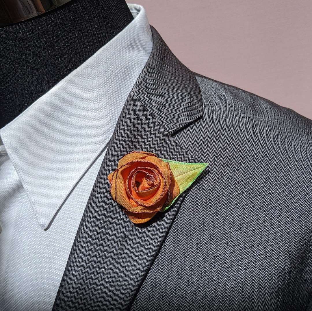 Orange Ombre Rose Flowers Lapel Pin Boutonniere - Fabric Kanzashi ...