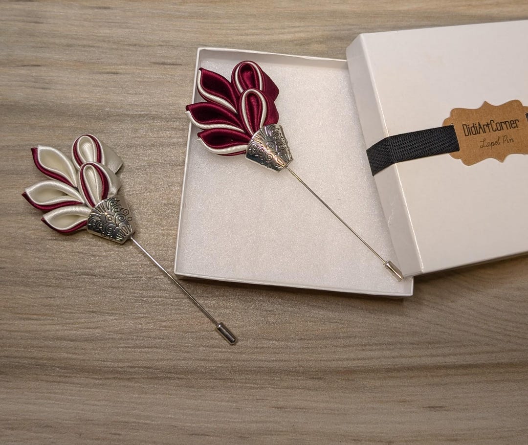 Burgundy and Ivory Crocus Flower Lapel Pin: Satin Wedding Boutonniere ...