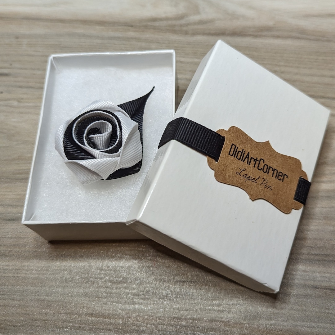 White and Black Rose Lapel Pin, Man Lapel Pin, Groom Lapel Pin, Flower ...