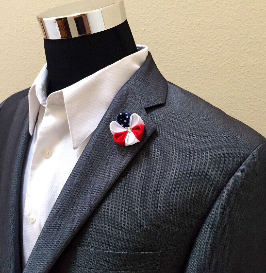 4th of July American Flag Kanzashi Flower Lapel Pin With Swarovski ...