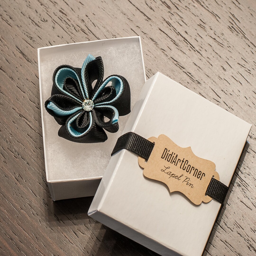 Mens Kanzashi Flower Lapel Pin: Light Blue & Black Swarovski Crystal - Etsy