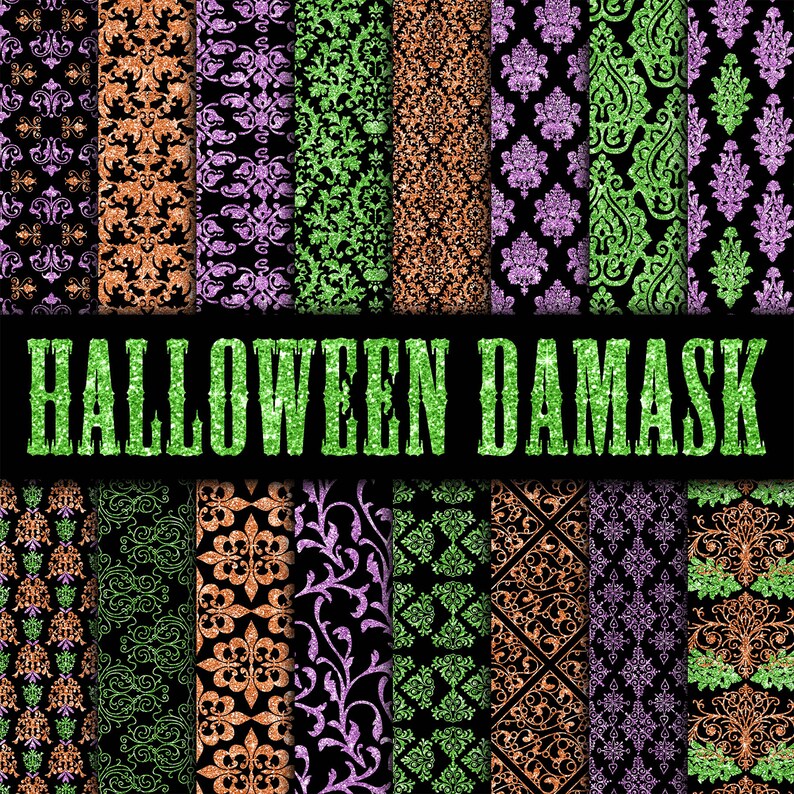 Halloween Glitter Damask Digital Paper - Decorative Halloween ...