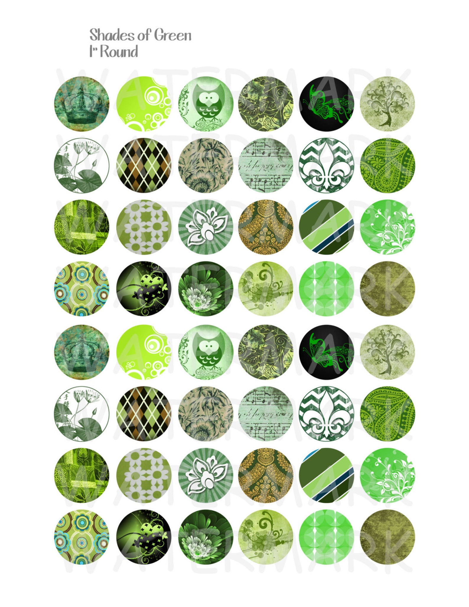 Shades of Green - Digital Collage Sheet - 1 Inch Round Circles ...