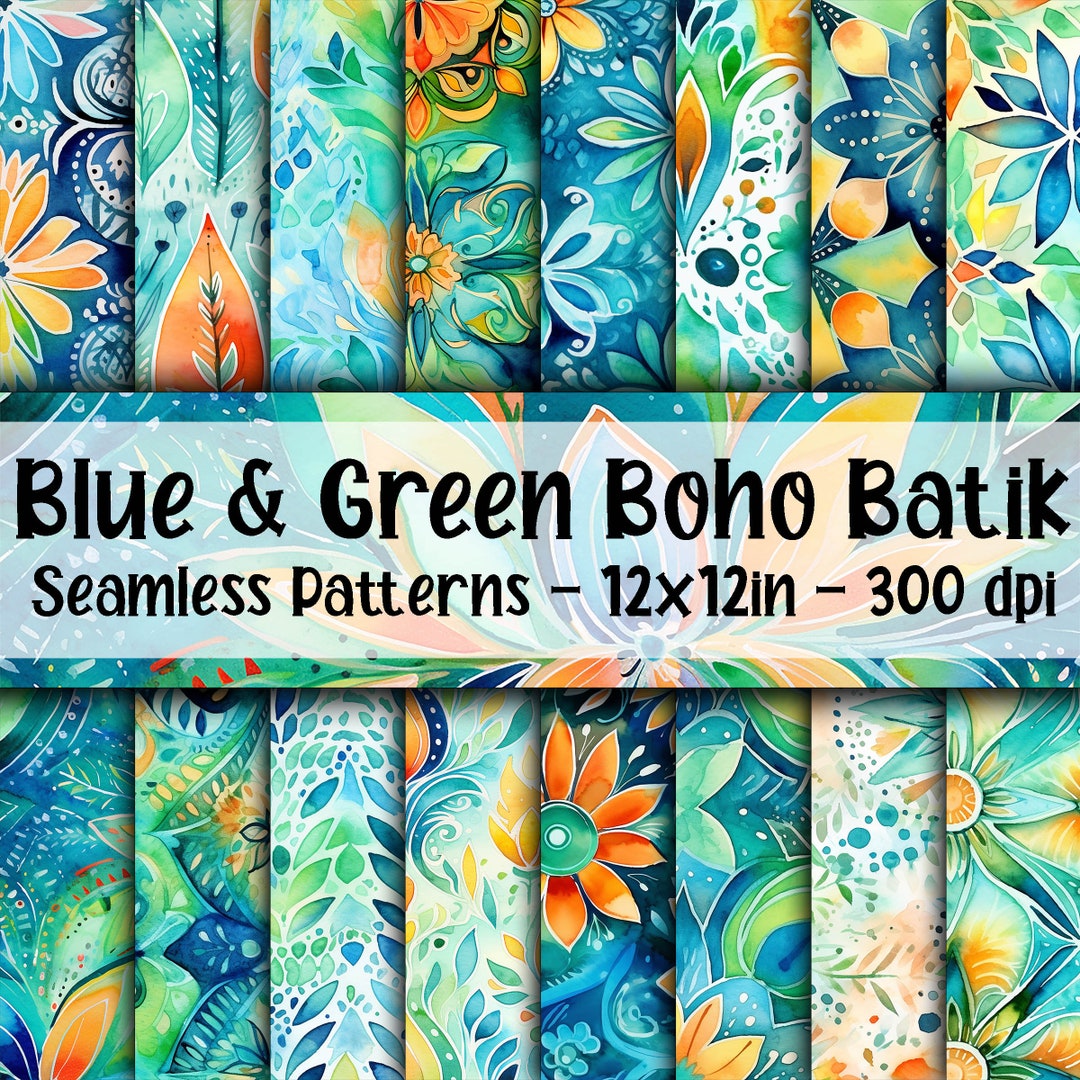 Blue and Green Boho Batik SEAMLESS Patterns - Watercolor Boho Batik ...