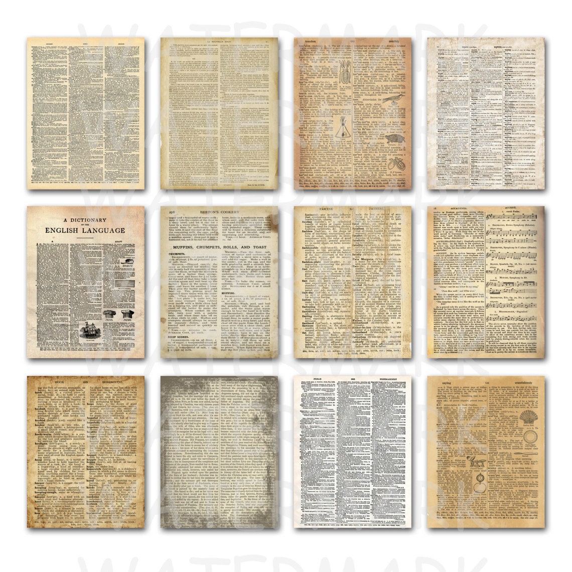 Dictionary Pages Digital Paper - Old Paper Textures - 12 Designs - 8 ...