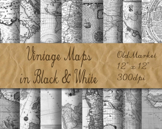 Old Vintage Maps Digital Paper Black and White Digital - Etsy