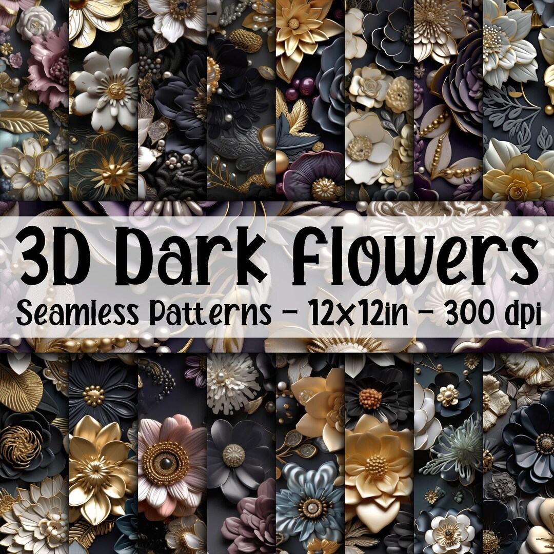 3d Gold Trimmed Flowers - 3d Dark Color Flower Seamless Patterns - 16 ...