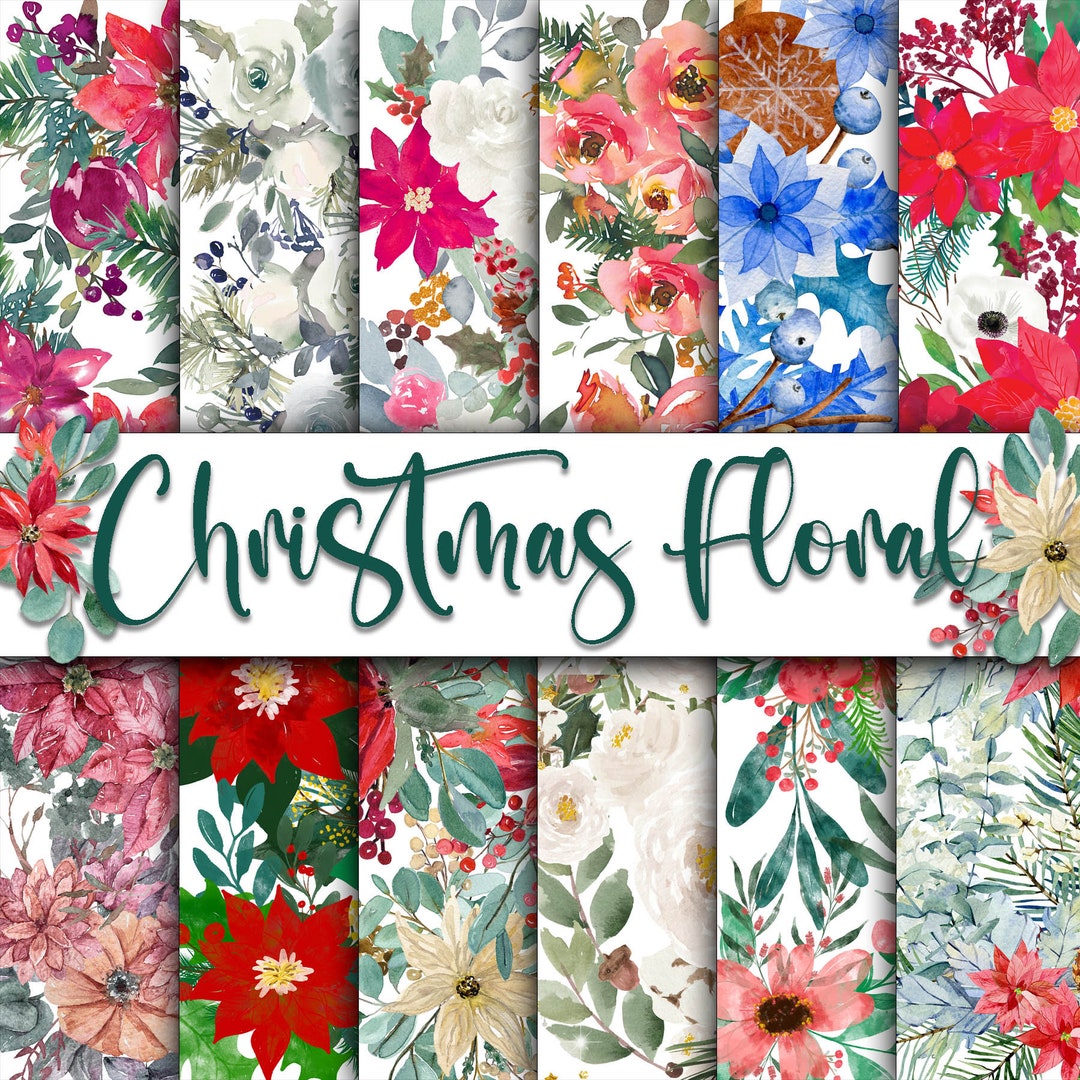 Christmas Floral Digital Papers - Watercolor Flower Backgrounds - 12 ...