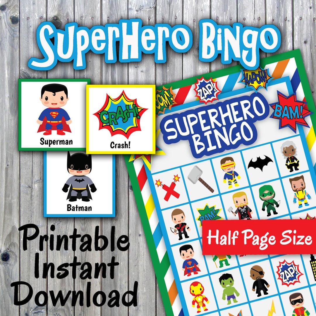 Superhero Bingo Printable Game - 30 Different Cards - HALF Page Size ...