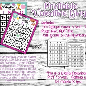 Valentine Bingo Printable PDF - 100 Different Cards - FULL PAGE - Party ...