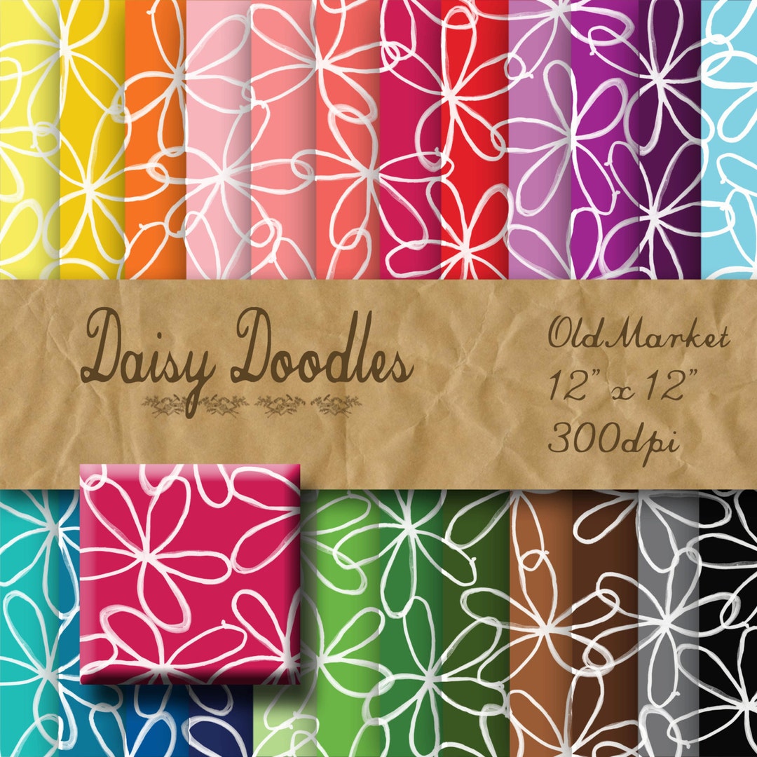 Daisy Doodles Digital Paper - Colorful Flower Doodle Backgrounds - 24 ...
