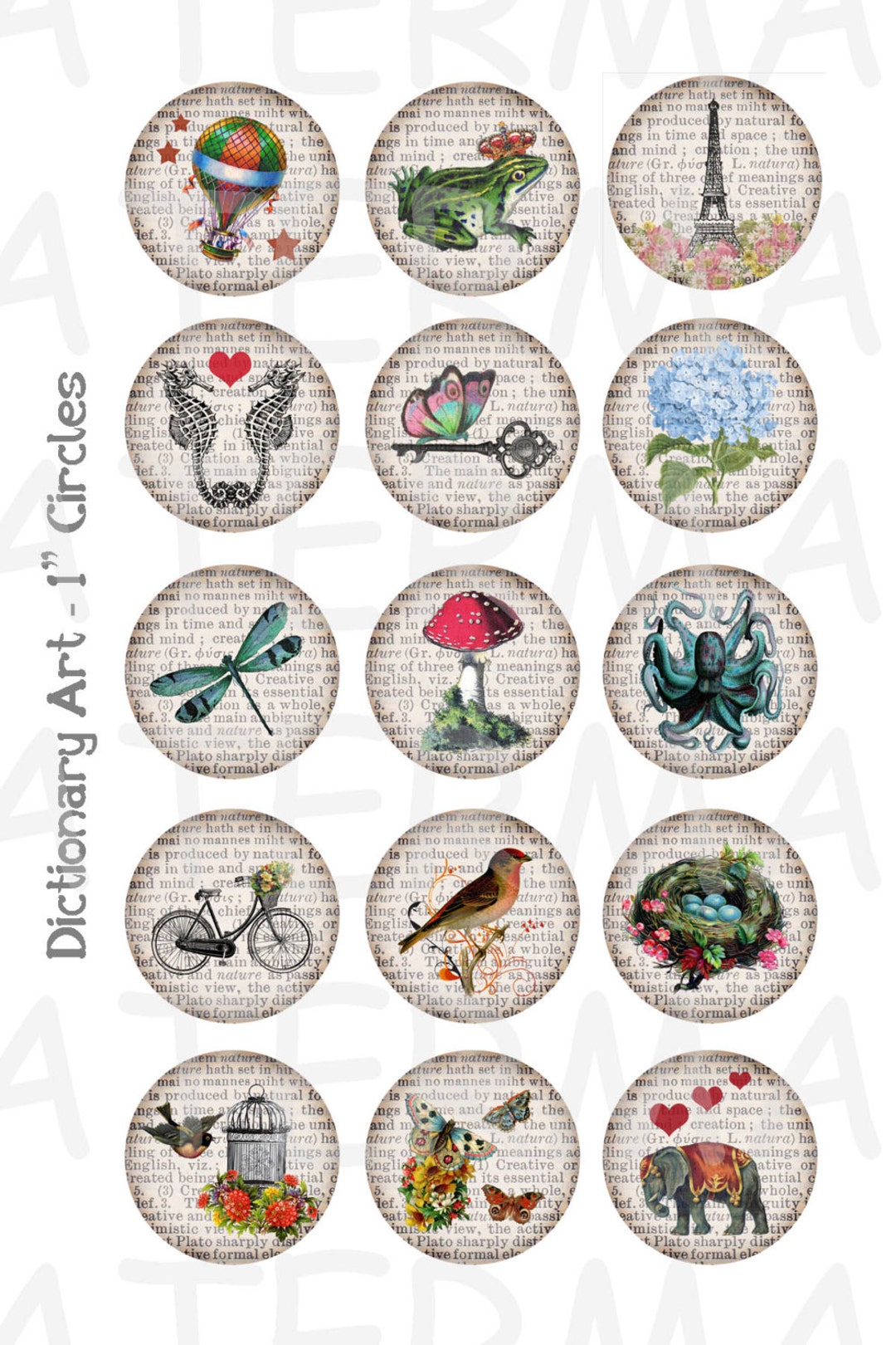 Dictionary Art - 4 X 6 Digital Collage Sheet - 1 Inch Round Circles ...