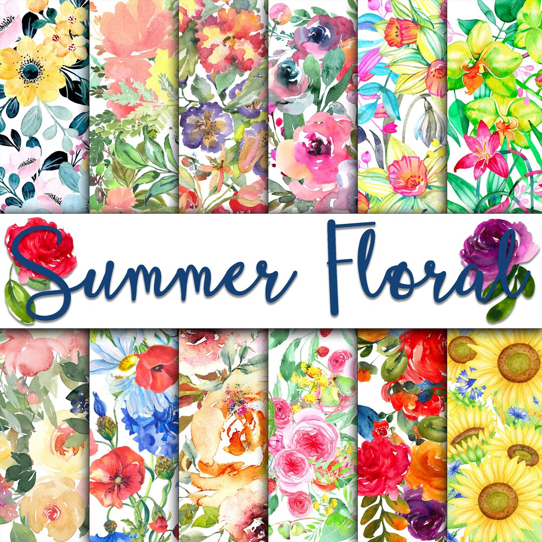 Summer Floral Medley Digital Paper - Watercolor Flower Backgrounds - 12 ...