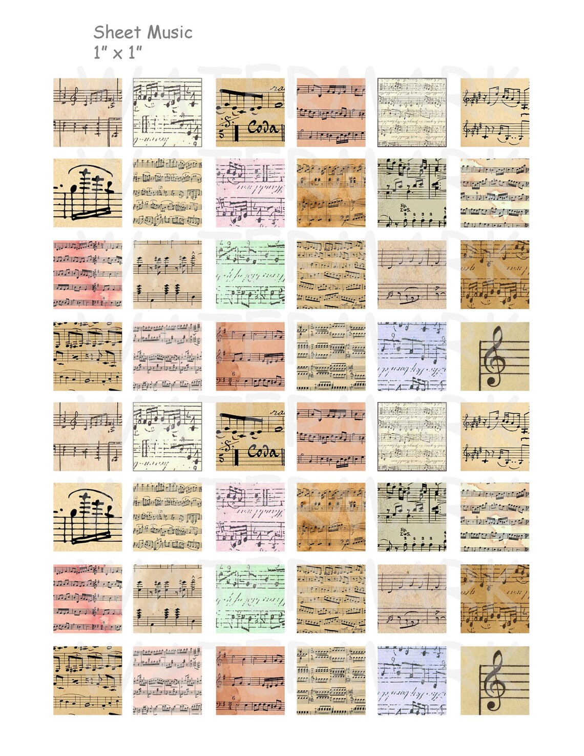 Sheet Music - Digital Collage Sheet - 1 Inch (1 X 1) - INSTANT DOWNLOAD ...