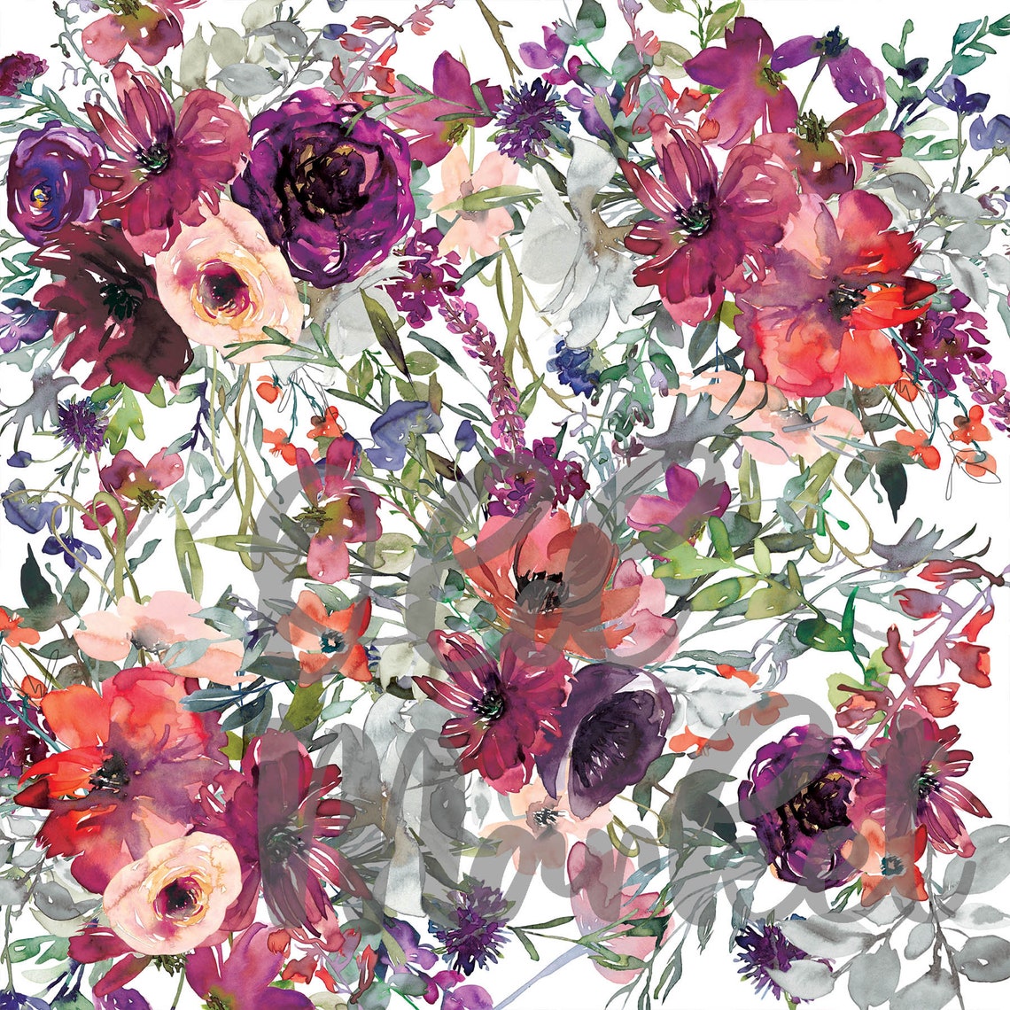 Purple Floral Medley Digital Paper Watercolor Flower - Etsy