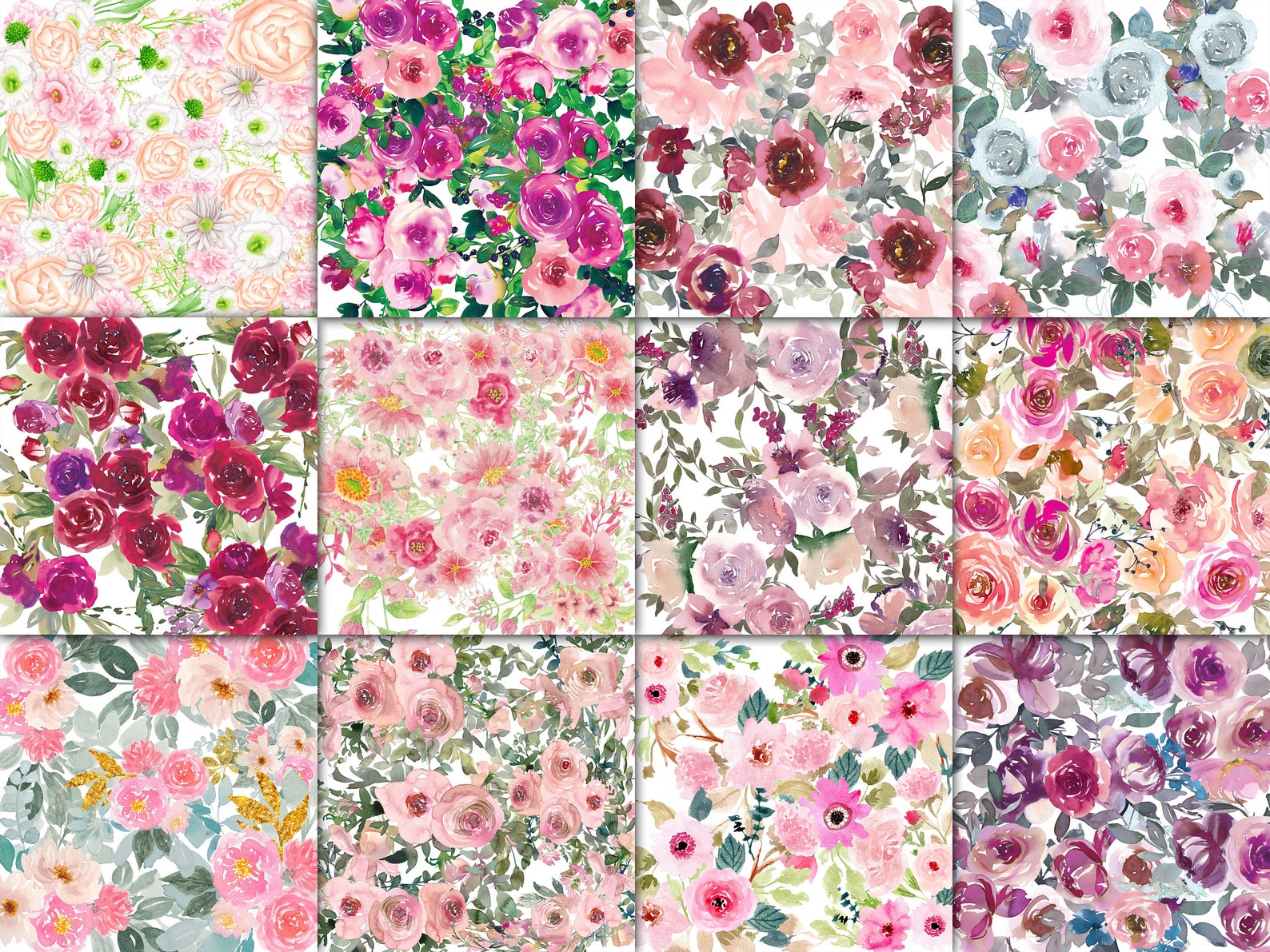 Pink Floral Medley Digital Paper Watercolor Flower - Etsy