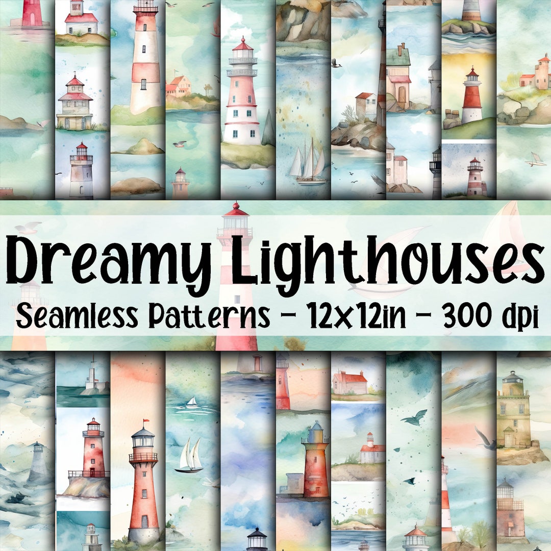 Dreamy Lighthouses SEAMLESS Patterns - Watercolor Lighthouses Digital ...