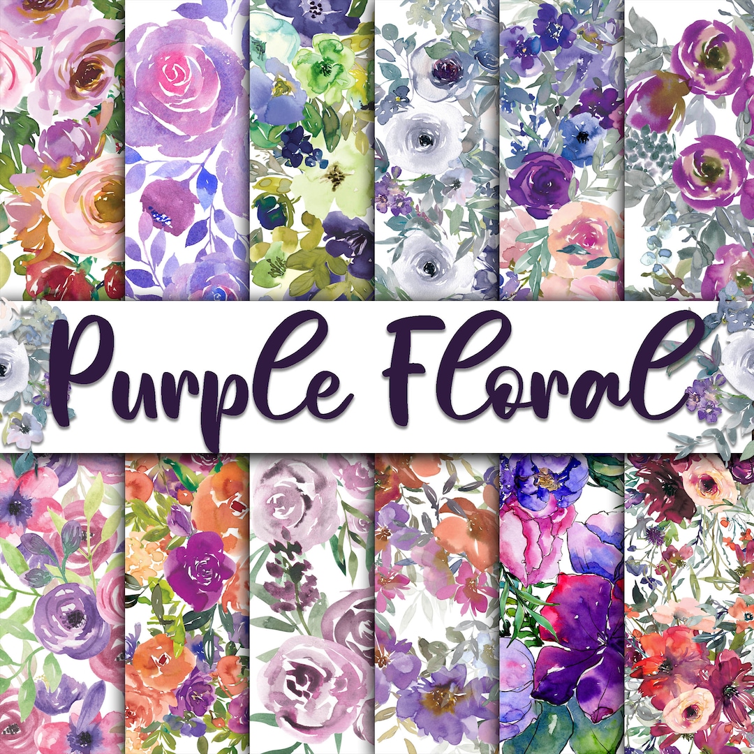 Purple Floral Medley Digital Paper - Watercolor Flower Backgrounds - 12 ...