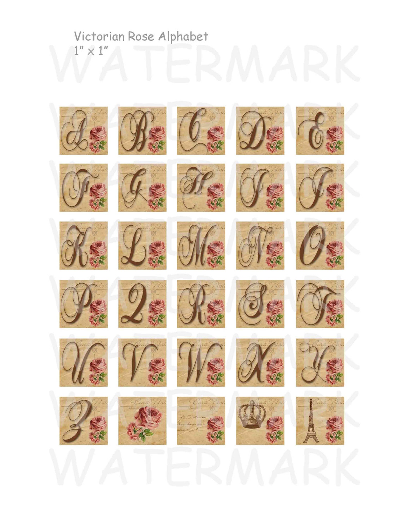 Victorian Rose Alphabet - Digital Collage Sheet - 1 Inch (1 X 1 ...
