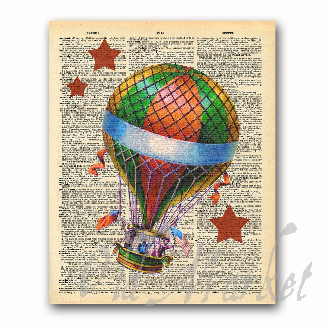 Hot Air Balloon on Vintage Dictionary Page - Printable Digital Download ...