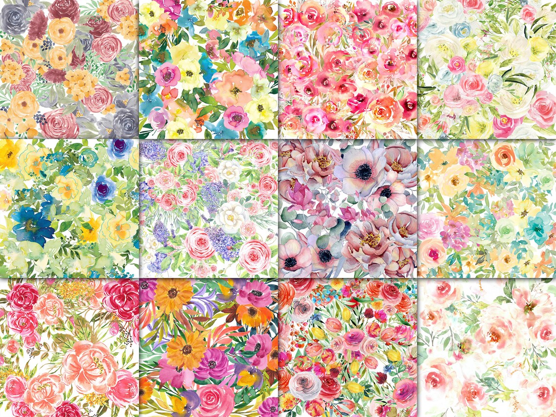 Spring Floral Medley Digital Paper - Watercolor Flower Backgrounds - 12 ...