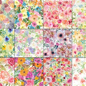 Spring Floral Medley Digital Paper - Watercolor Flower Backgrounds - 12 ...