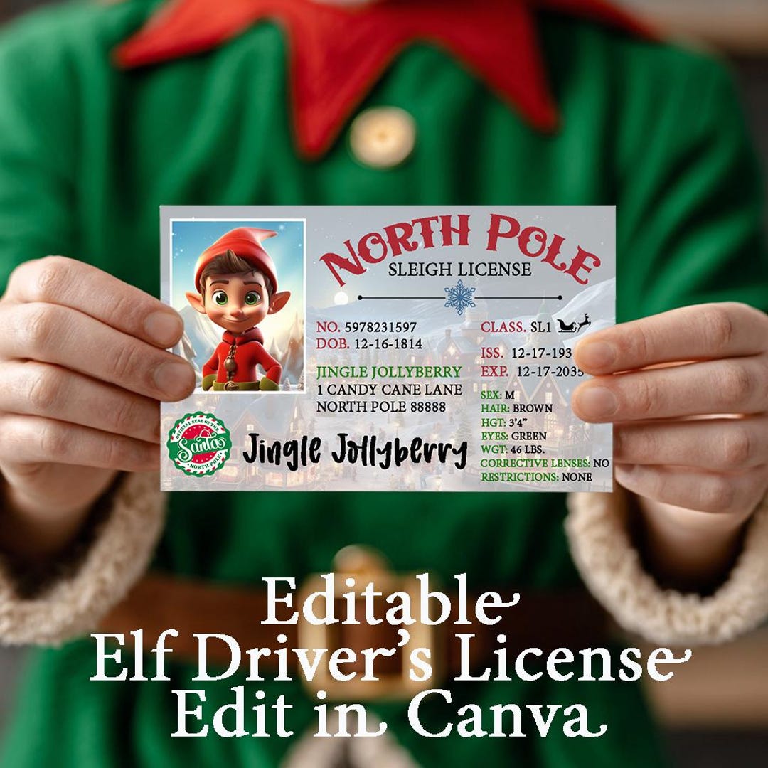 EDITABLE Elf License Sublimation Design - Edit in CANVA - Christmas Elf ...