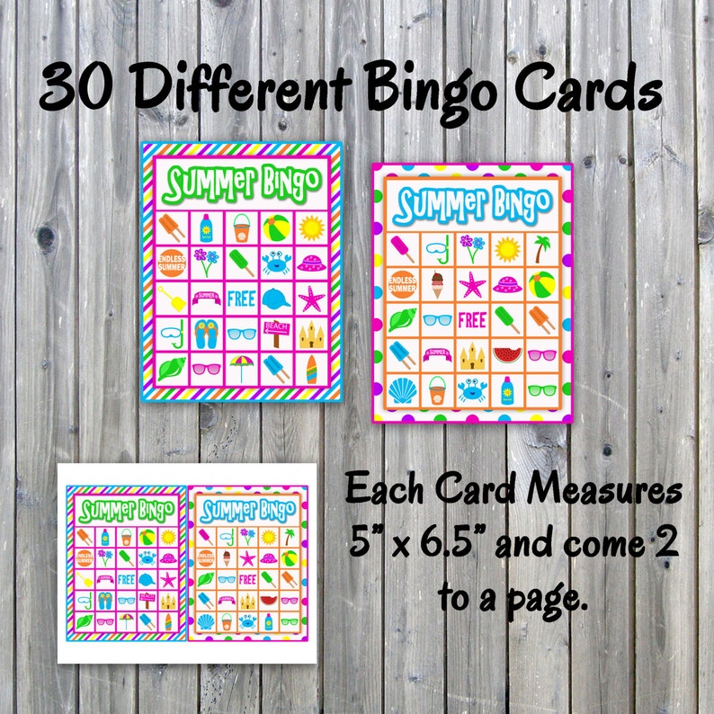 Summer Bingo Printable PDF 30 Different Cards Half Page - Etsy