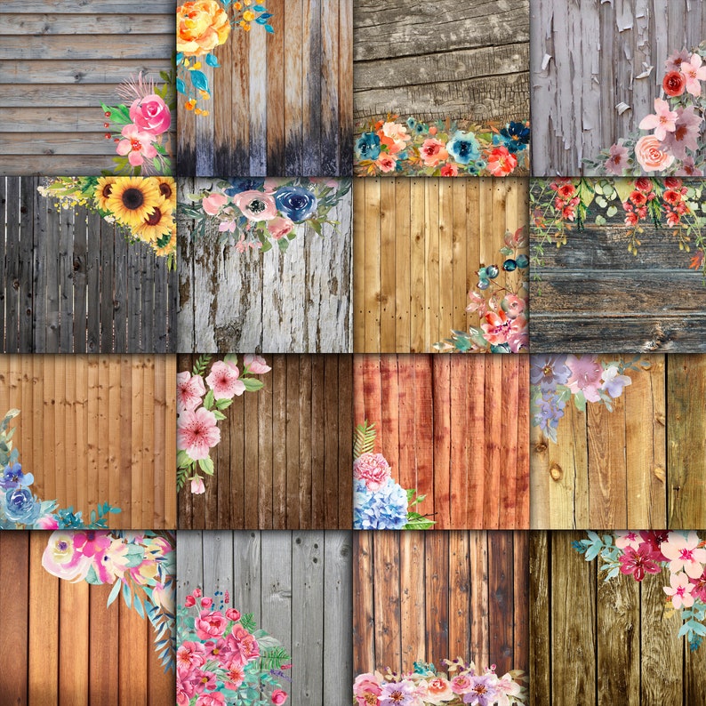 Floral Wood Digital Paper - Watercolor Flower and Wood Backgrounds - 16 ...