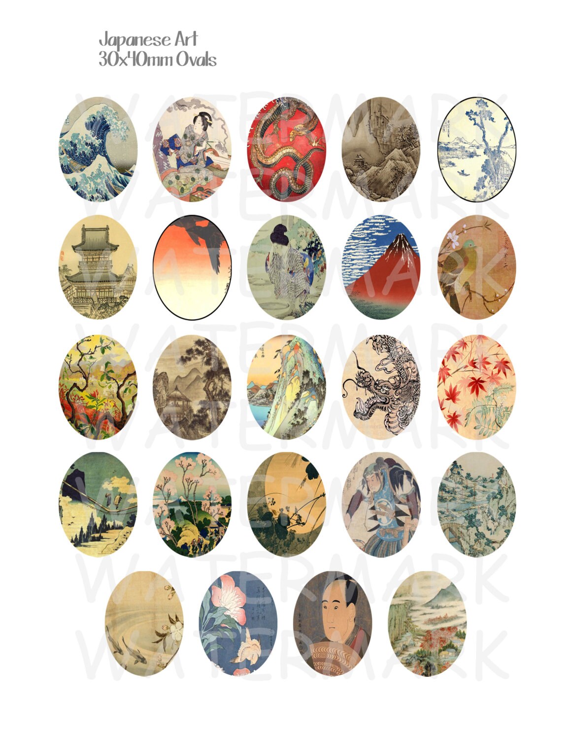Japanese Art - Digital Collage Sheet - 30x40mm Ovals - INSTANT DOWNLOAD ...