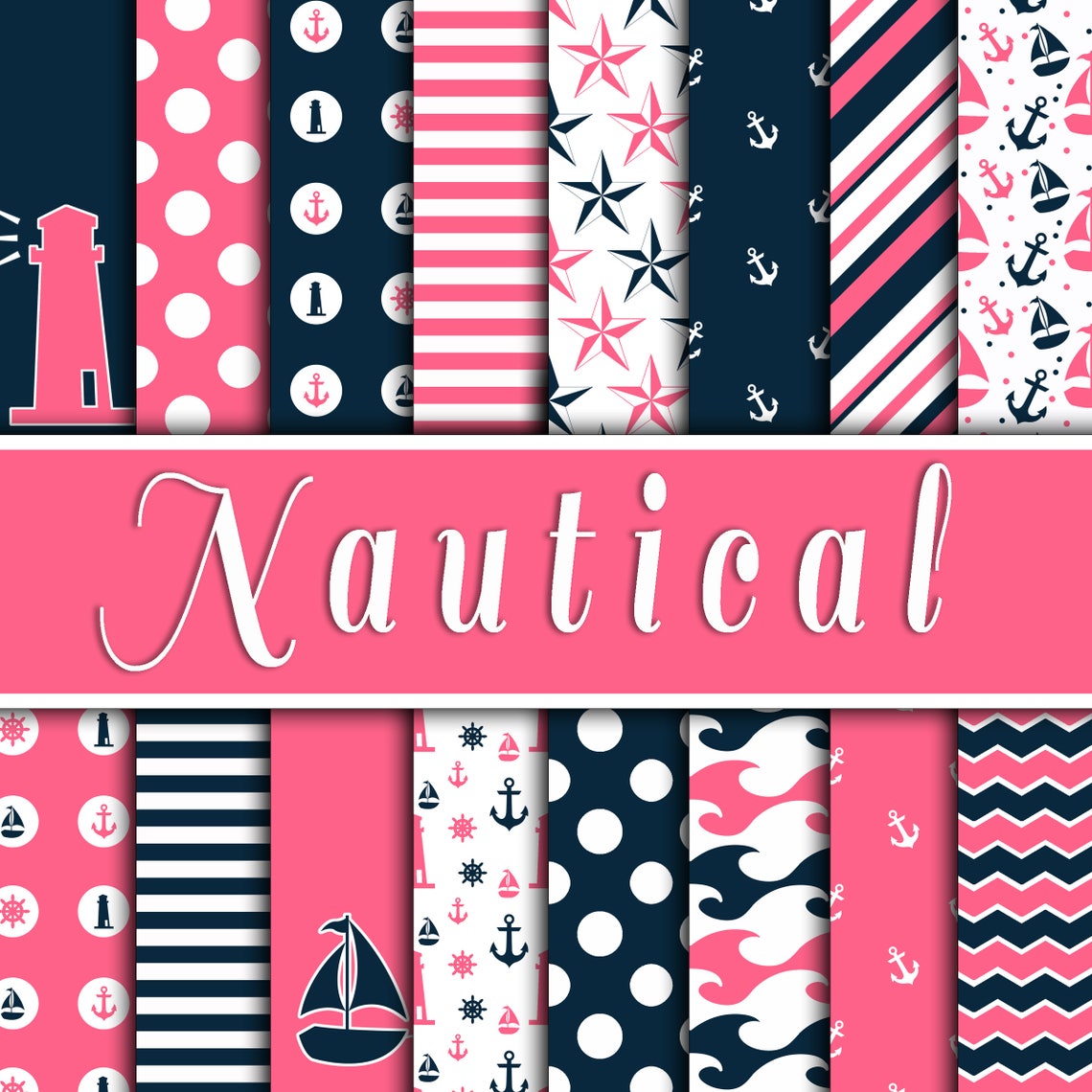 Nautical Digital Paper Pink and Navy Blue Backgrounds and | Etsy
