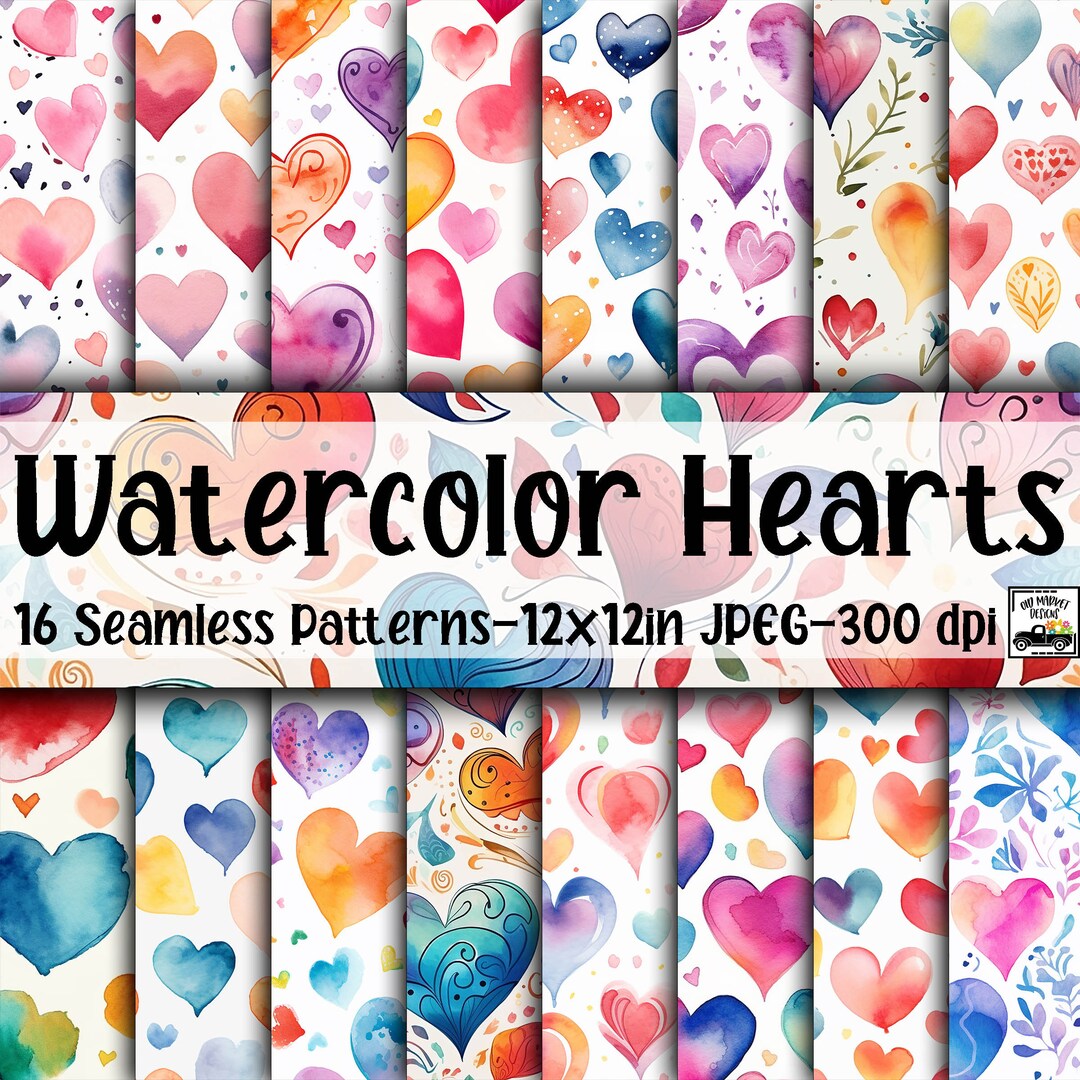 Watercolor Hearts SEAMLESS Patterns - Hearts Digital Paper - 16 Designs ...