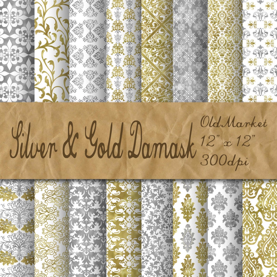 Silver and Gold Damask Digital Paper - Silver and Gold Decorative ...