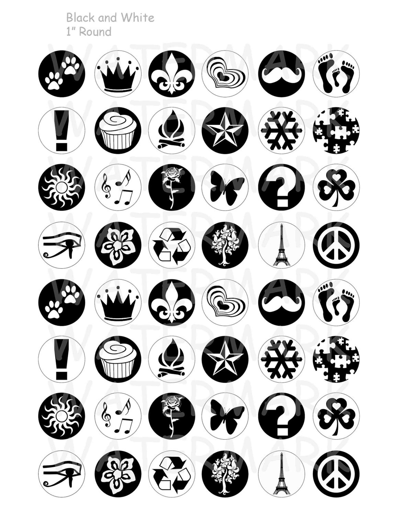 Black and White - Digital Collage Sheet - 1 Inch Round Circles ...