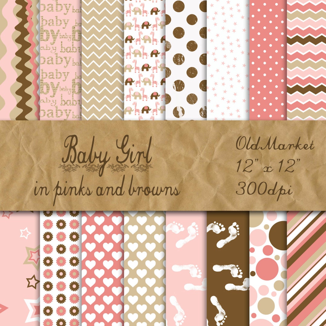 Baby Girl Digital Paper in Pinks and Browns - Digital Paper Pack - 16 ...