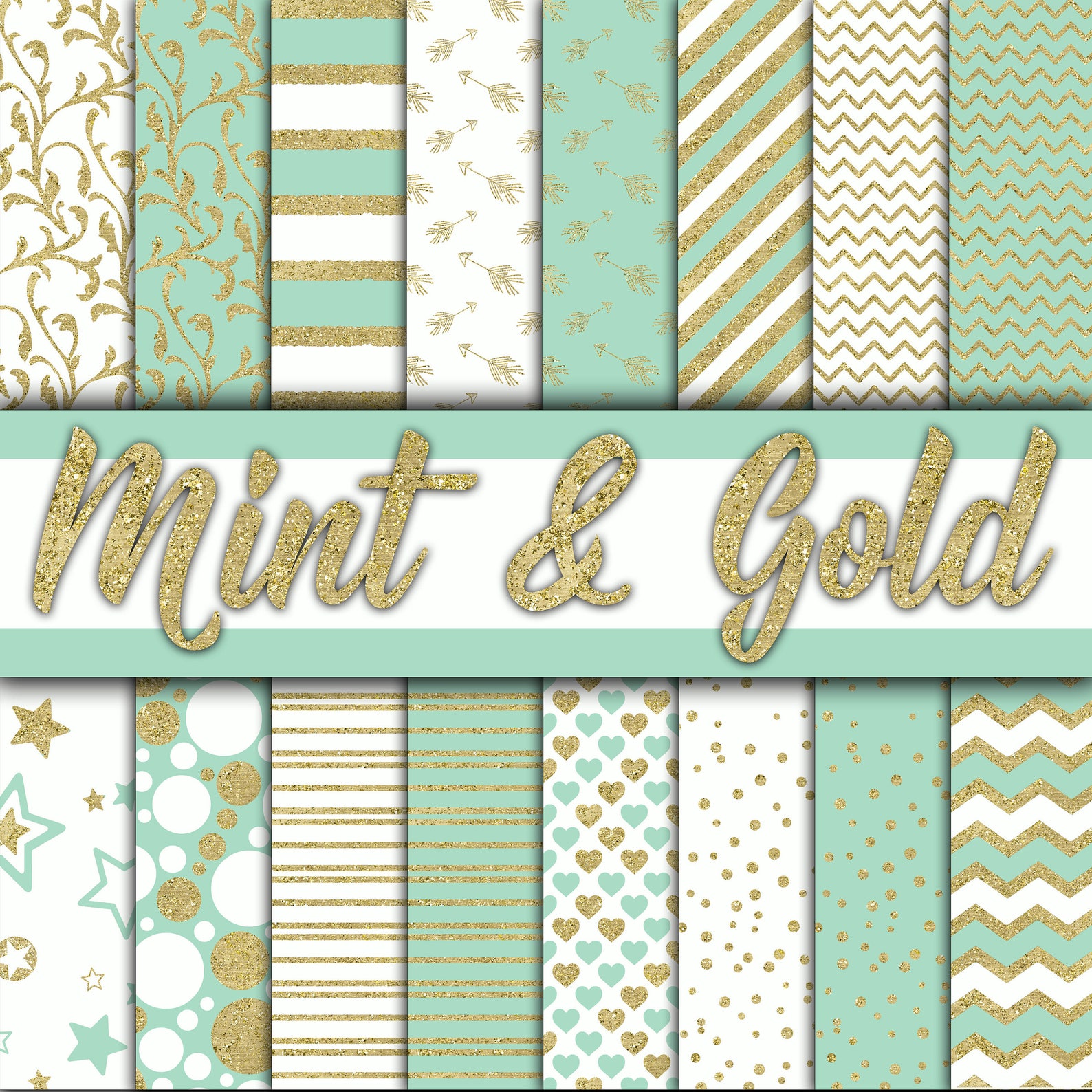 Mint and Gold Digital Paper Mint and Gold Glitter Textures - Etsy