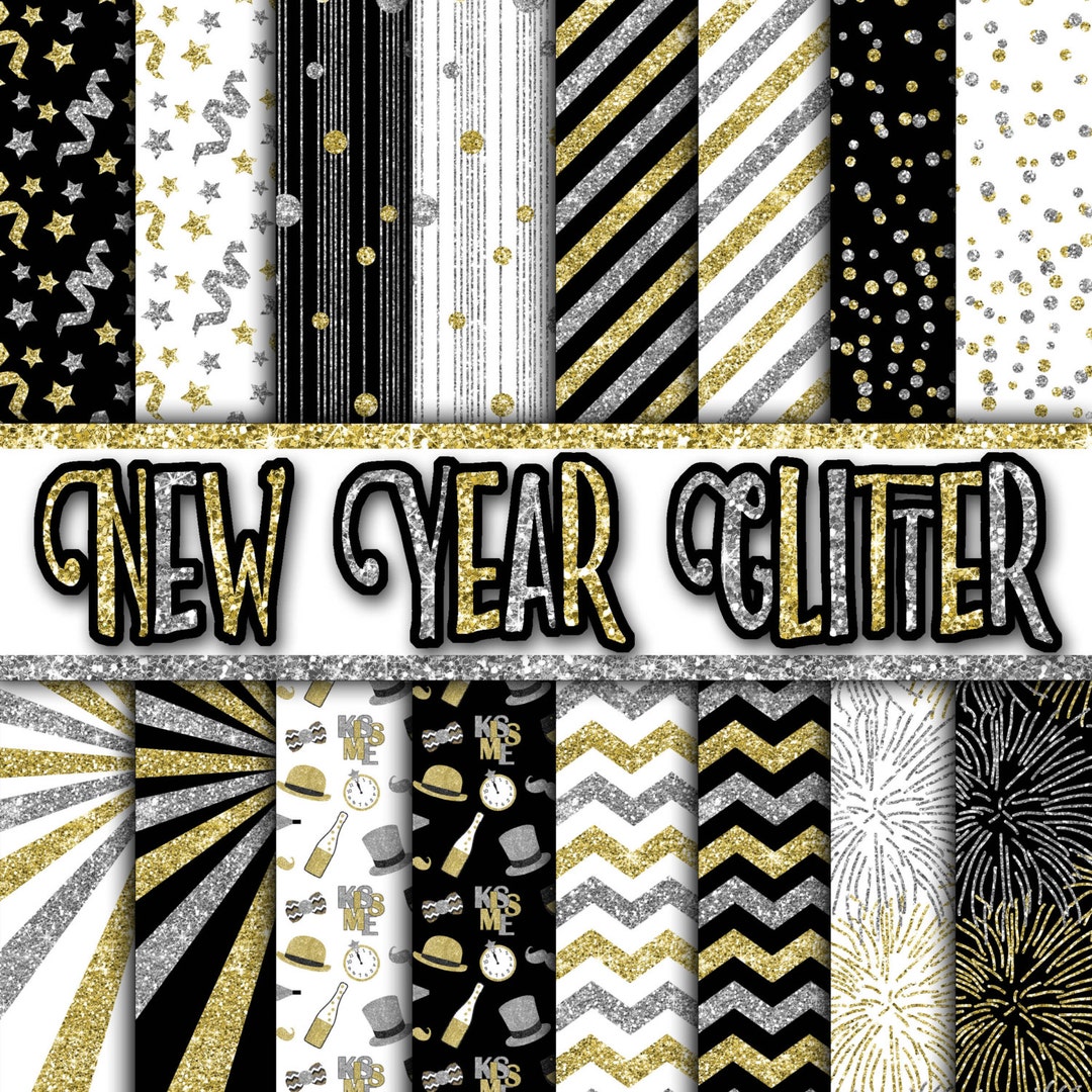 New Years Glitter Digital Paper - New Years Eve Backgrounds - Gold and ...