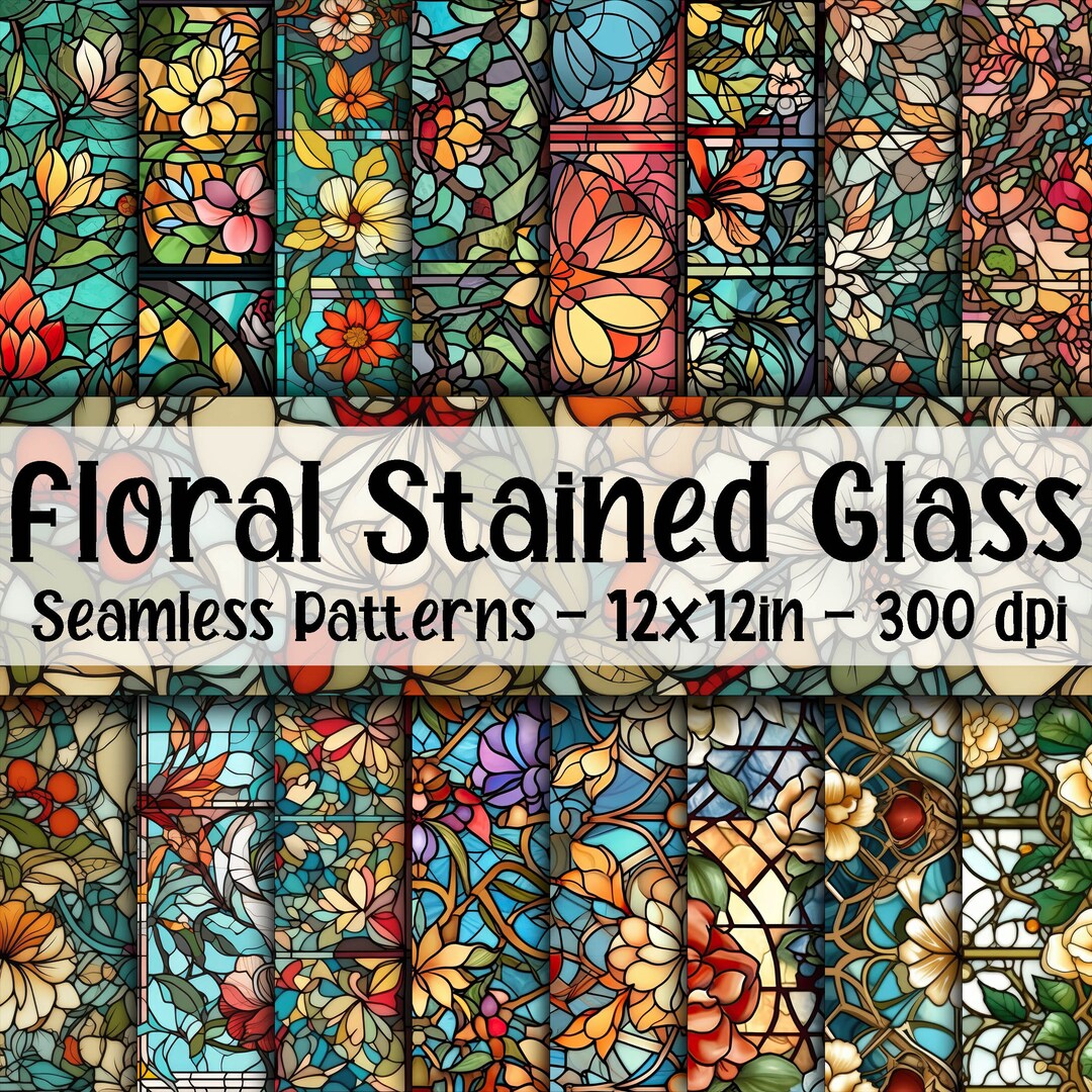 Floral Stained Glass Seamless Patterns - Stained Glass Digital Paper ...
