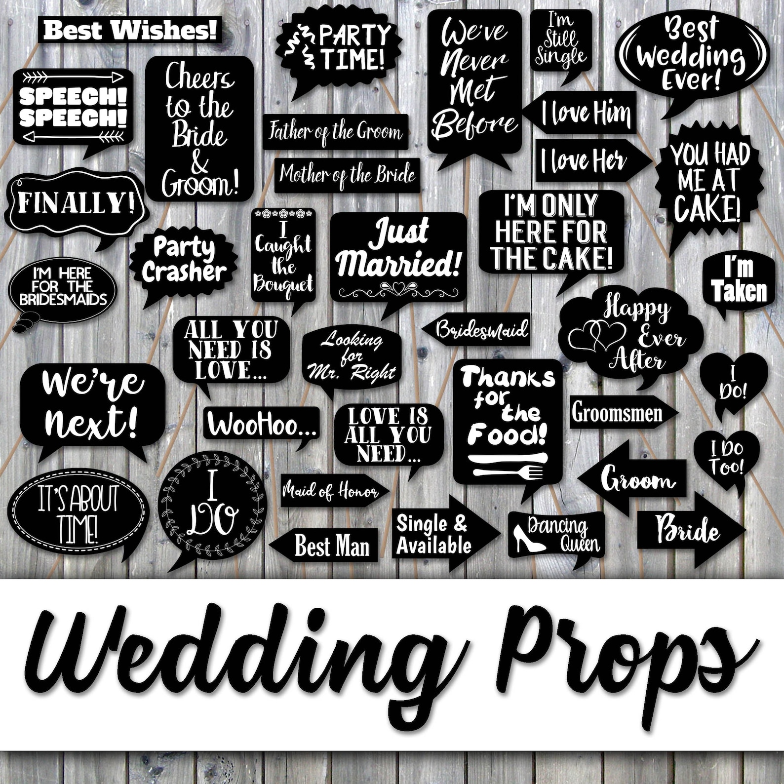 Wedding Photo Booth Prop Signs and Decorations - Black With White ...
