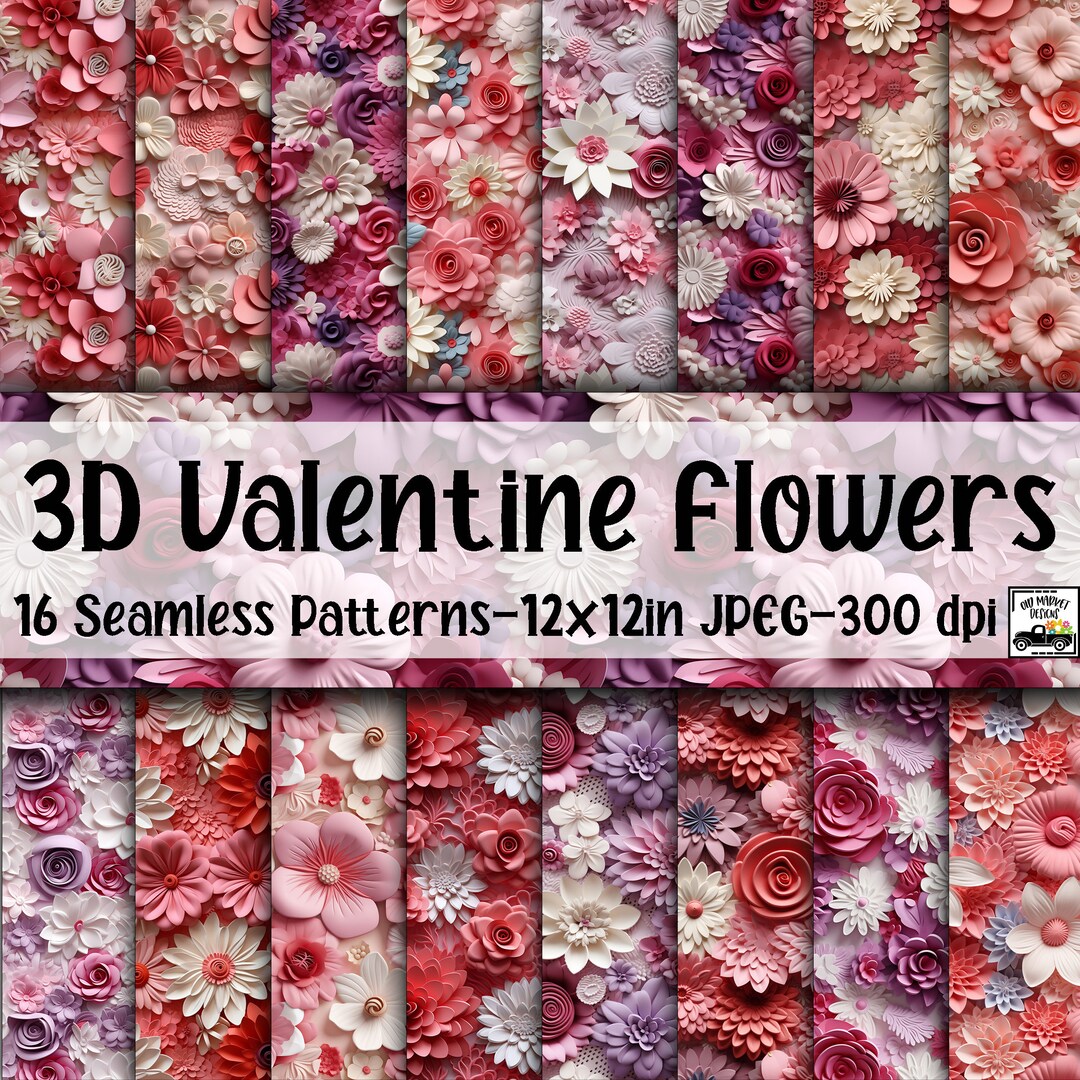3d Valentine Flowers - 3d Floral Seamless Patterns - 16 Designs ...