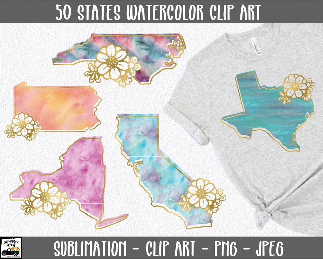 50 States Watercolor Clip Art Bundle - States Watercolor Sublimation ...