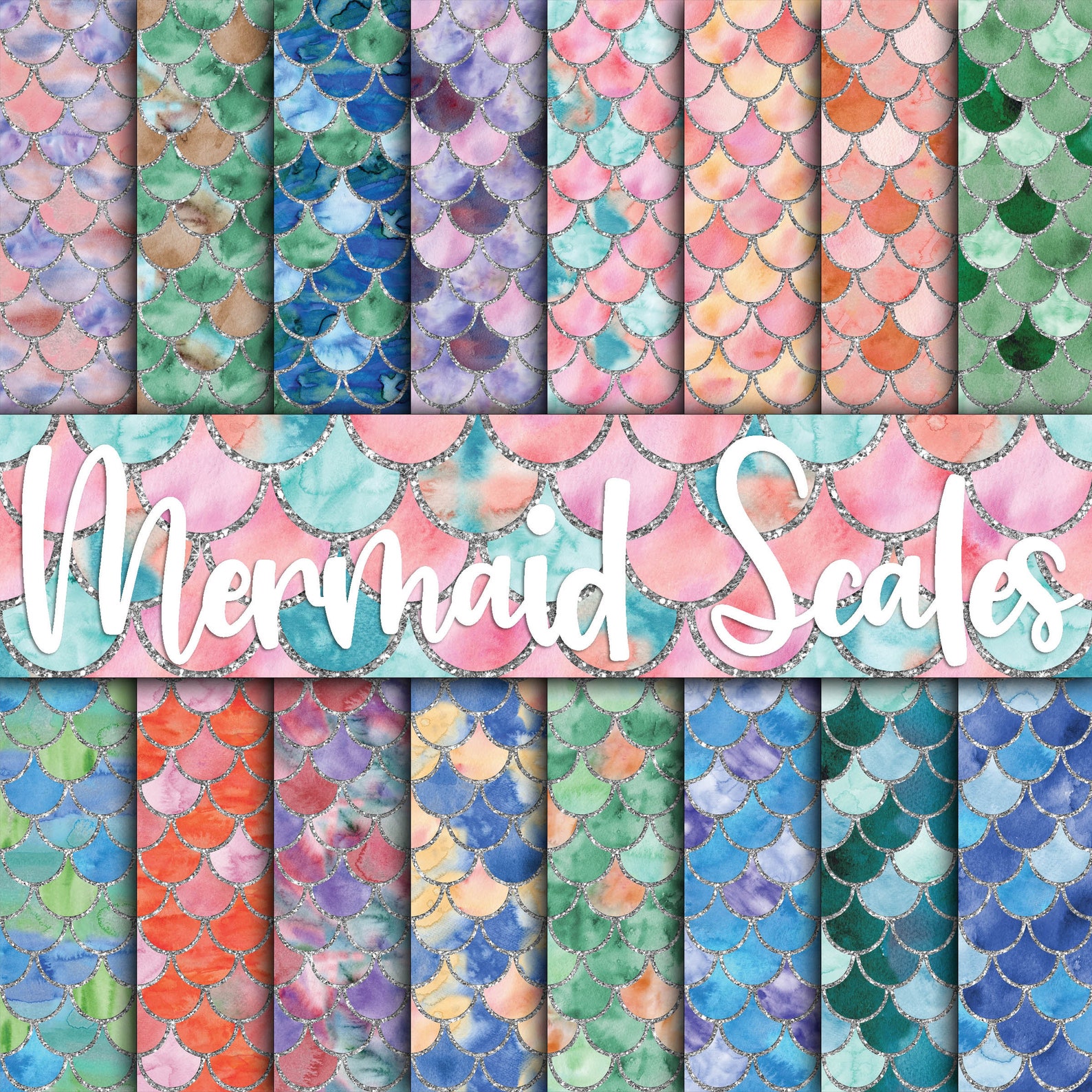 Watercolor Mermaid Scales Digital Paper Designs in Silver - Etsy