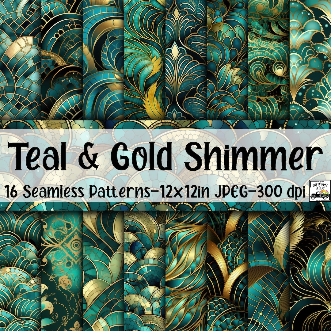 Teal and Gold Shimmer SEAMLESS Patterns - Teal and Gold Digital Paper ...