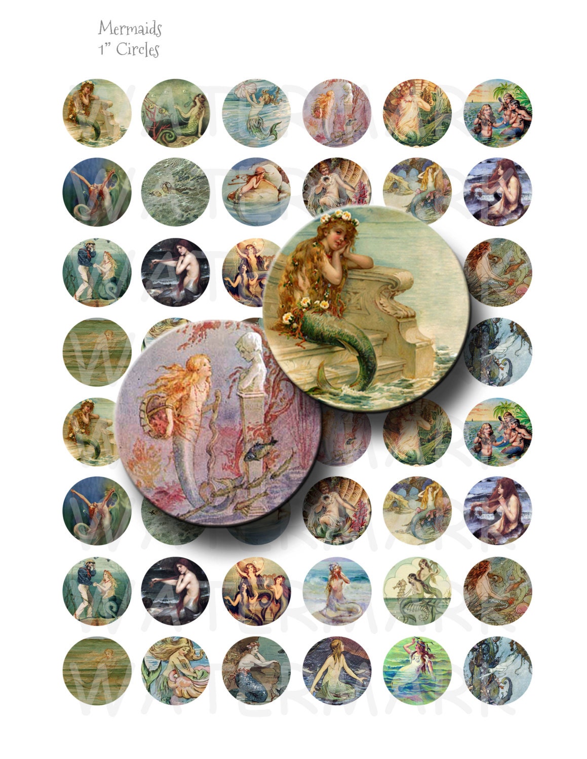 Vintage Mermaid Art Digital Collage Sheet 1 inch Round | Etsy
