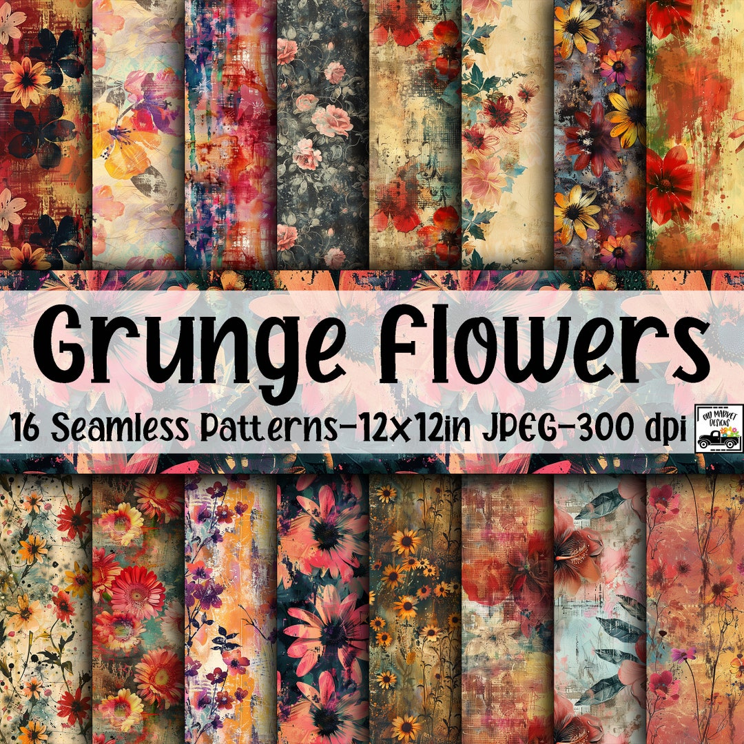 Grunge Flowers SEAMLESS Patterns - Grunge Flower Painting Digital Paper ...