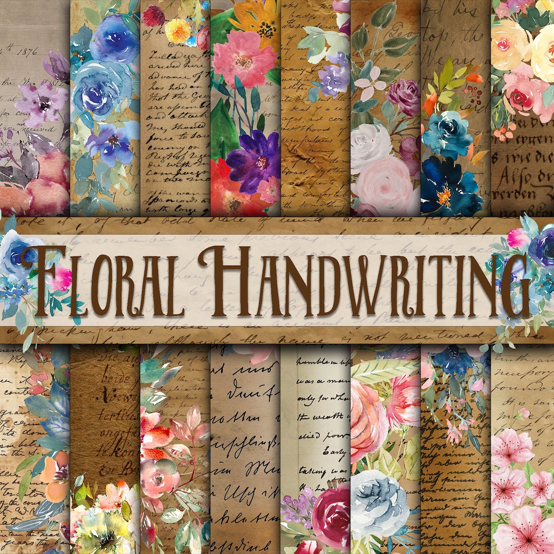 Floral Handwriting Digital Papers - Watercolor Flower Backgrounds - 12 ...